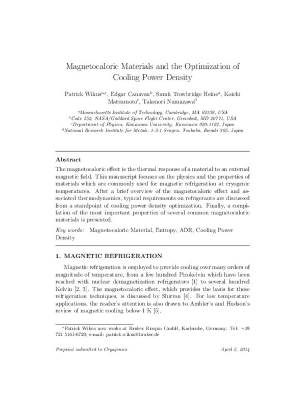 (PDF) Magnetocaloric materials and the optimization of cooling power ...