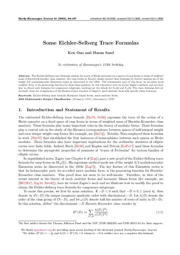 (PDF) Some Eichler-Selberg Trace Formulas