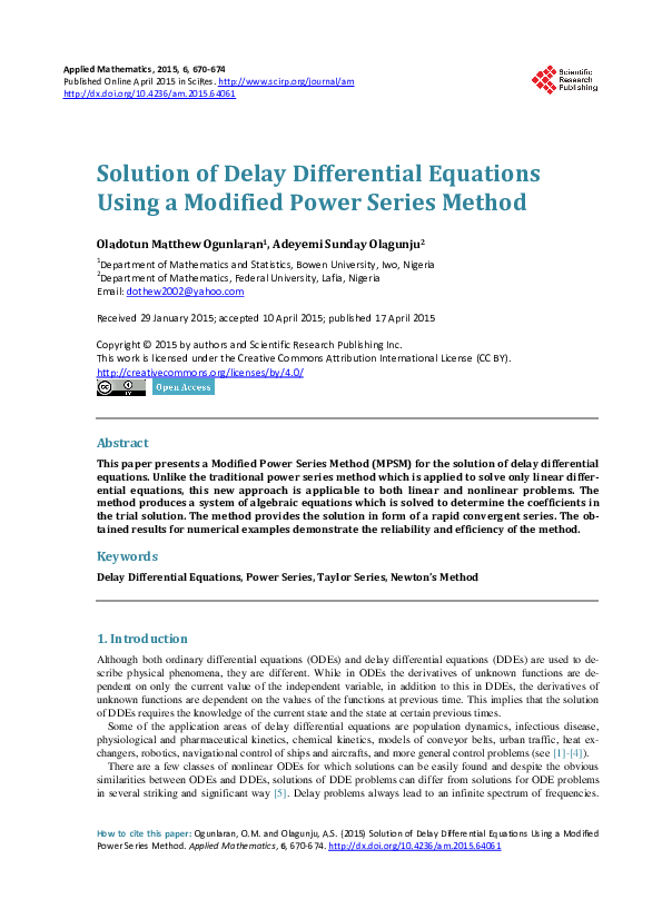 Pdf Solution Of Delay Differential Equations Using A Modified Power Series Method