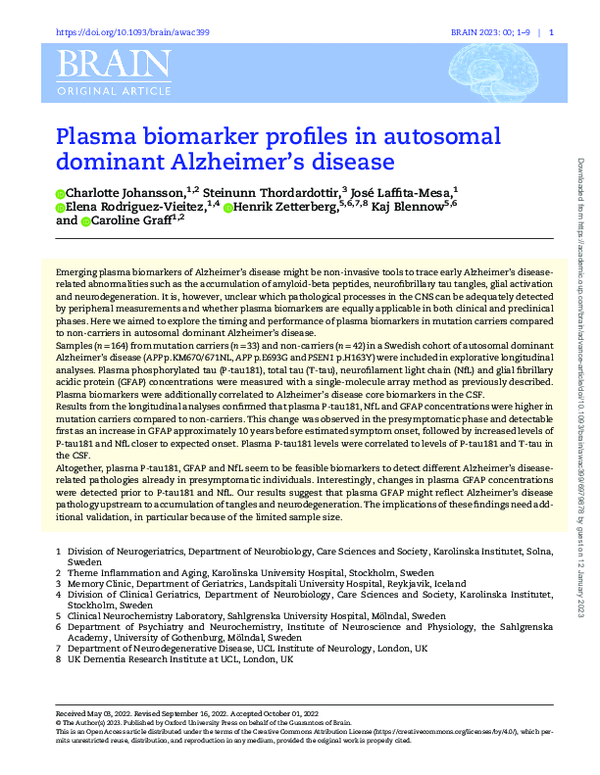 (PDF) Plasma biomarker profiles in autosomal dominant Alzheimer’s disease