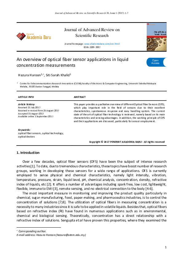 (PDF) An Overview Of Optical Fiber Sensor Applications In Liquid Concentration Measurements