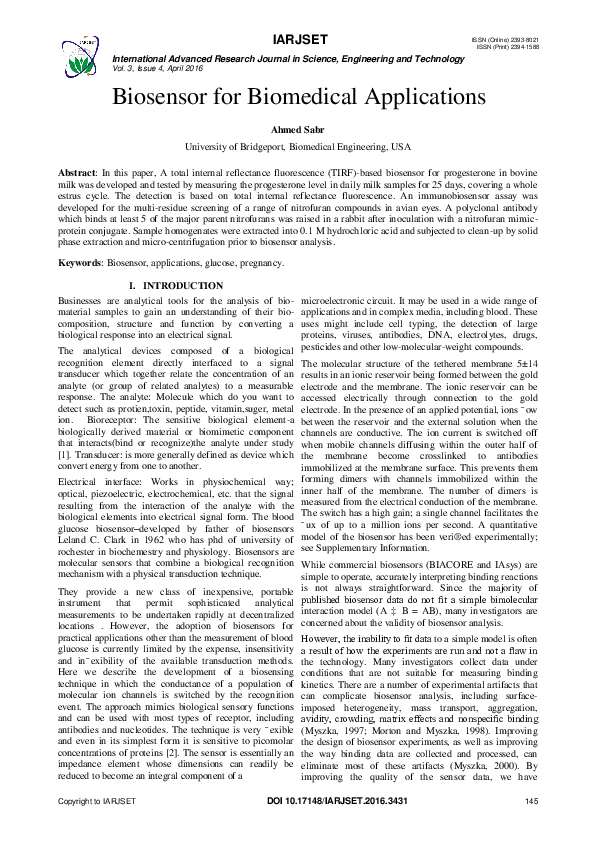 (PDF) Biosensor for Biomedical Applications