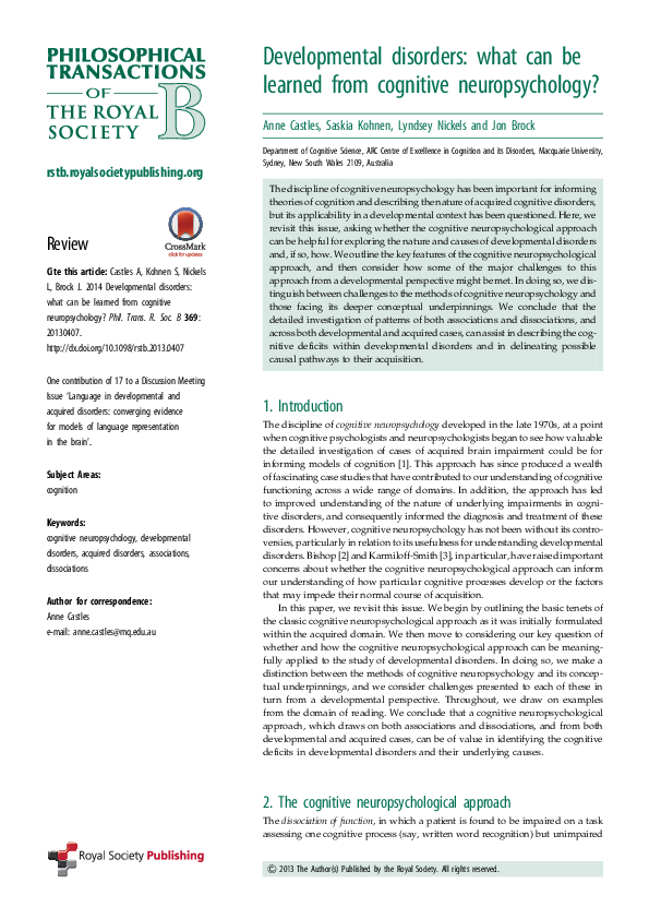 (PDF) Cognitive Neuropsychology in Developmental Disorders