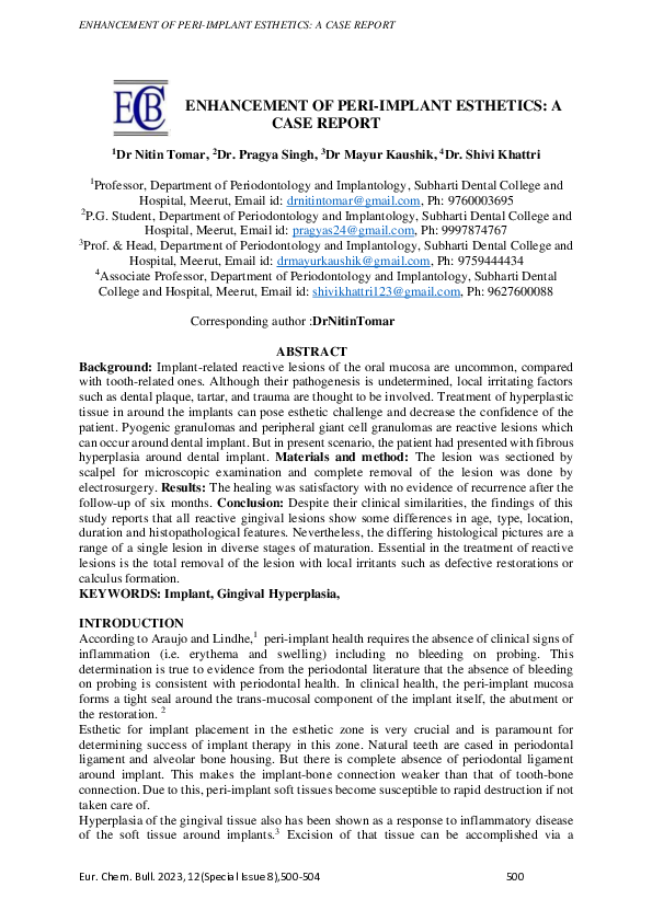 (PDF) ENHANCEMENT OF PERI-IMPLANT ESTHETICS: A CASE REPORT