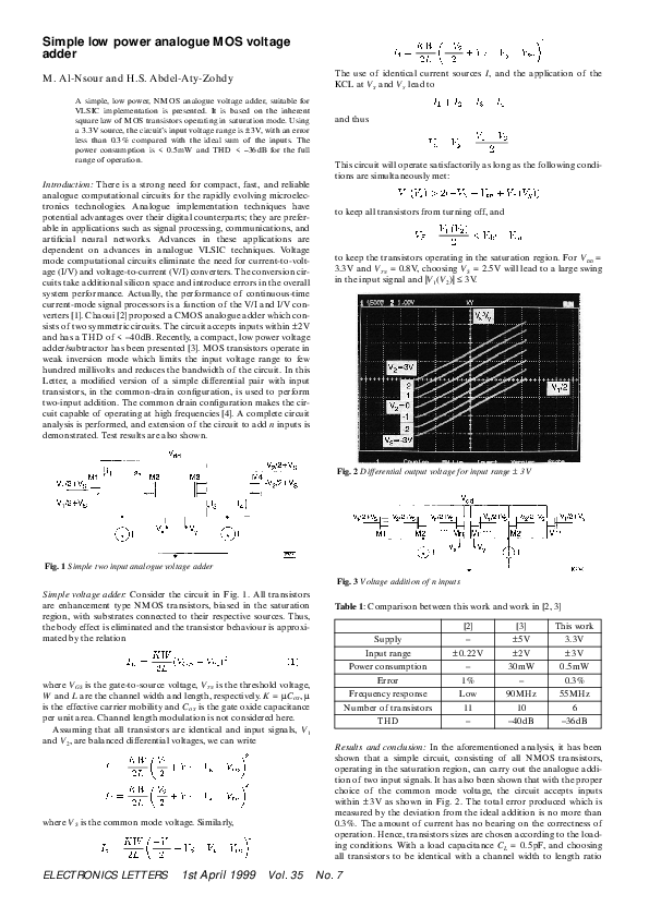 (PDF) Simple low power analogue MOS voltage adder