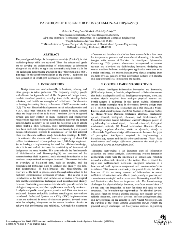 (PDF) Paradigm of design for biosystem-on-a-chip(BioSoC)