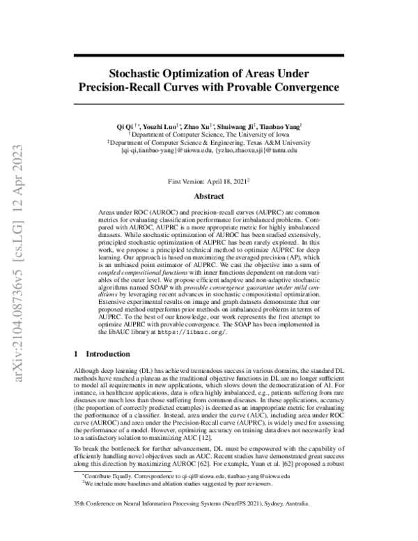 (PDF) Stochastic Optimization of Areas Under Precision-Recall Curves with Provable Convergence