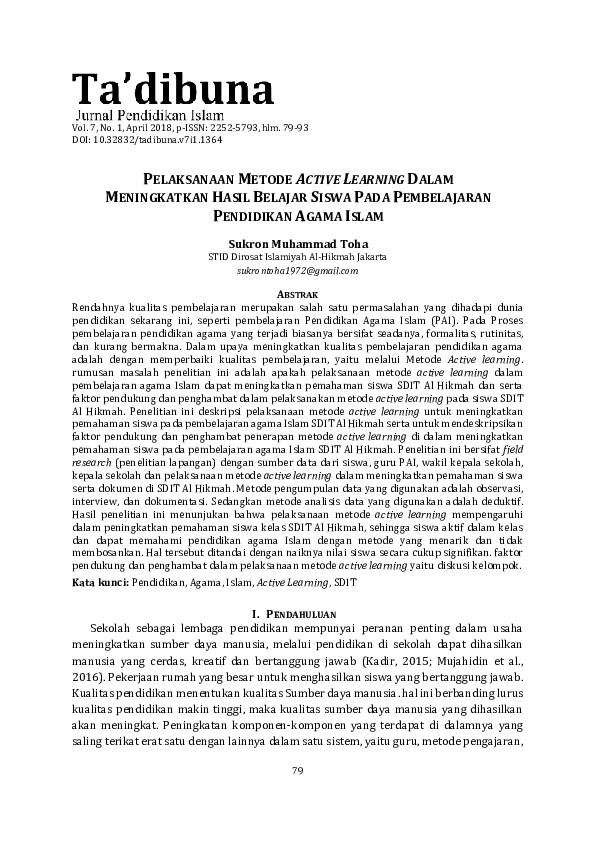 (PDF) Pelaksanaan Metode Active Learning dalam Meningkatkan Hasil Belajar Siswa pada ...