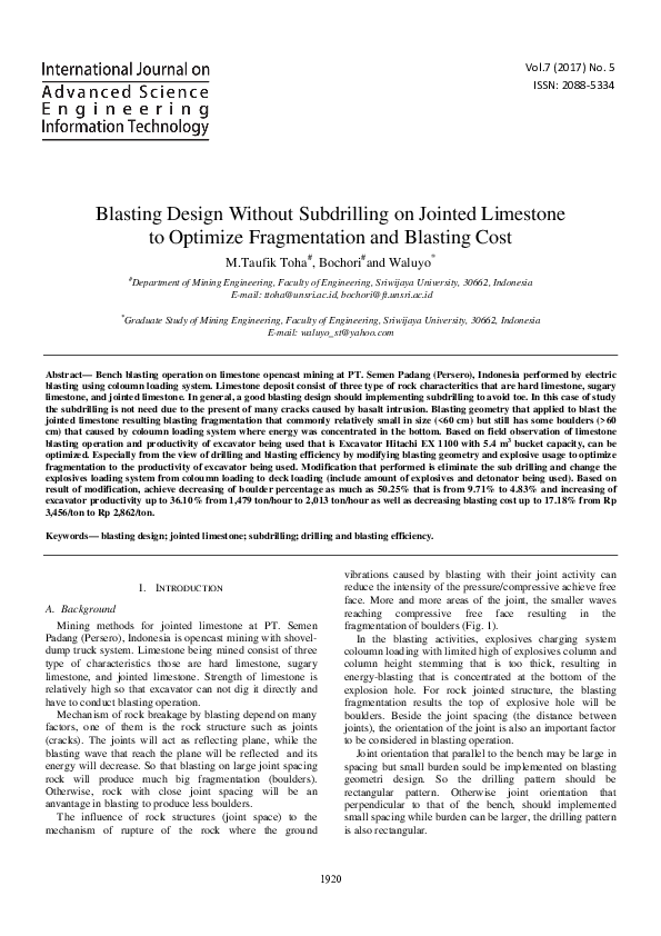 (PDF) Blasting Design Without Subdrilling on Jointed Limestone to Optimize Fragmentation and ...