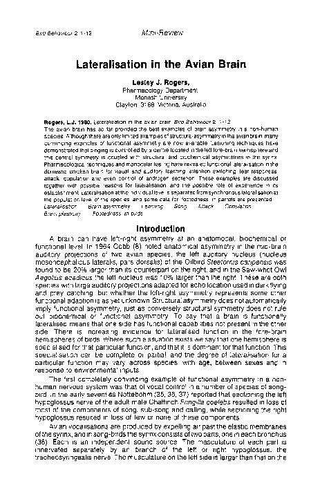 (PDF) Lateralisation in the Avian Brain