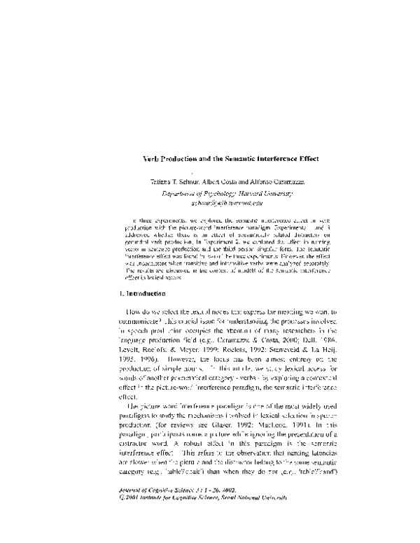 (PDF) Verb Production and the Semantic Interference Effect | Alfonso Caramazza - Academia.edu