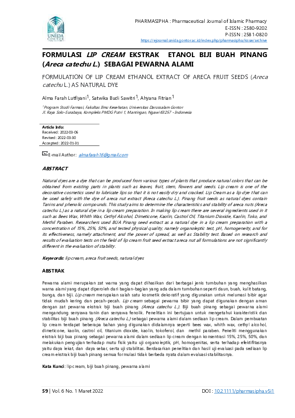 (PDF) Formulasi Lip Cream Ekstrak Etanol Biji Buah Pinang (Areca ...