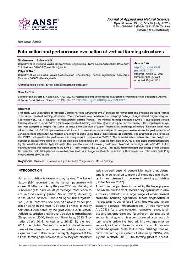 (PDF) Fabrication and performance evaluation of vertical farming structures
