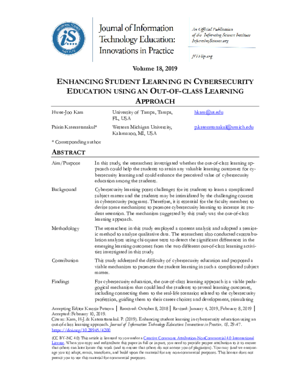 (PDF) Enhancing Student Learning in Cybersecurity Education using an Out-of-class Learning Approach