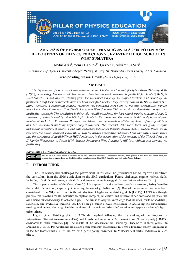 (PDF) Analysis of Higher Order Thinking Skills Components on the Contents of Physics for Class X ...