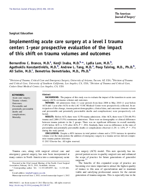 (PDF) Implementing acute care surgery at a level I trauma center: 1 ...