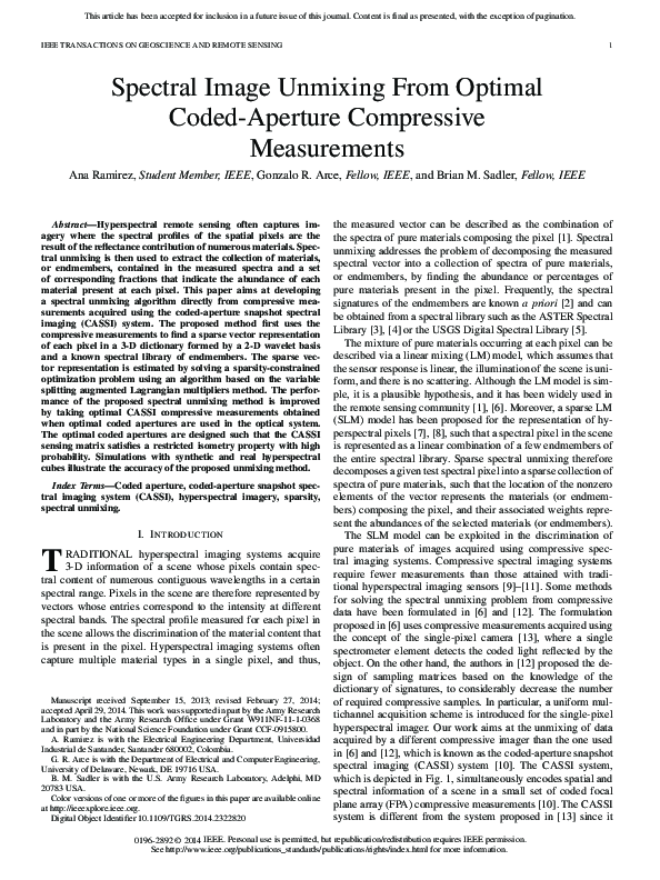 Spectral image unmixing from optimal coded-aperture compressive ...