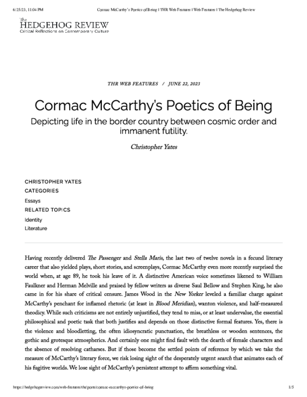 (PDF) Cormac McCarthy's Poetics of Being