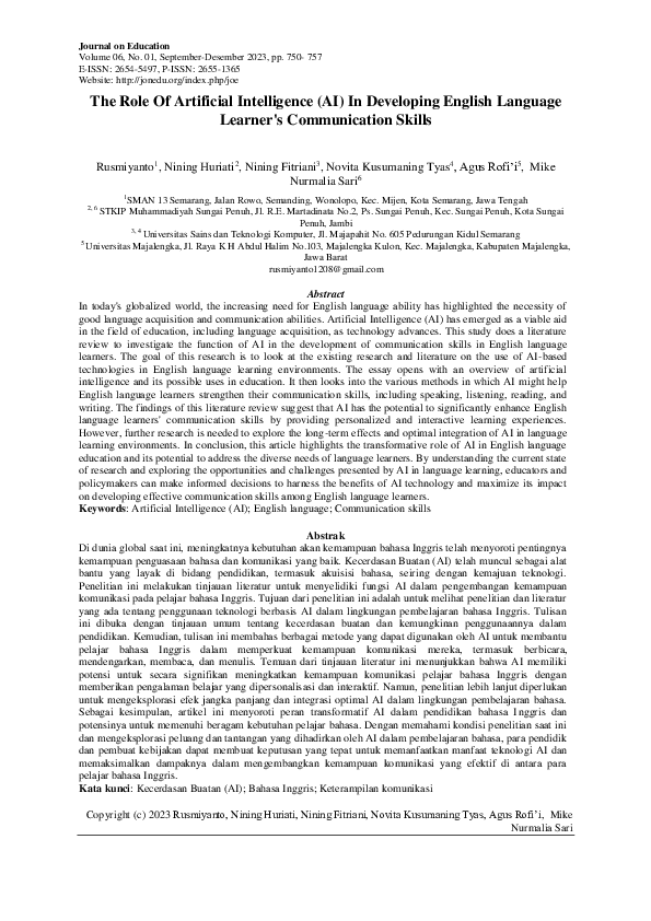 (PDF) The Role Of Artificial Intelligence (AI) In Developing English ...