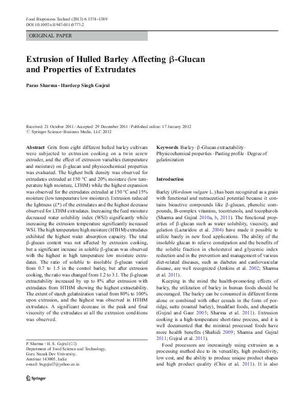 (PDF) Extrusion of Hulled Barley Affecting β-Glucan and Properties of ...