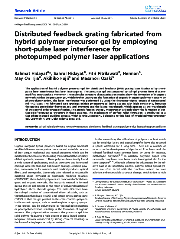 (PDF) Distributed feedback grating fabricated from hybrid polymer precursor gel by employing ...