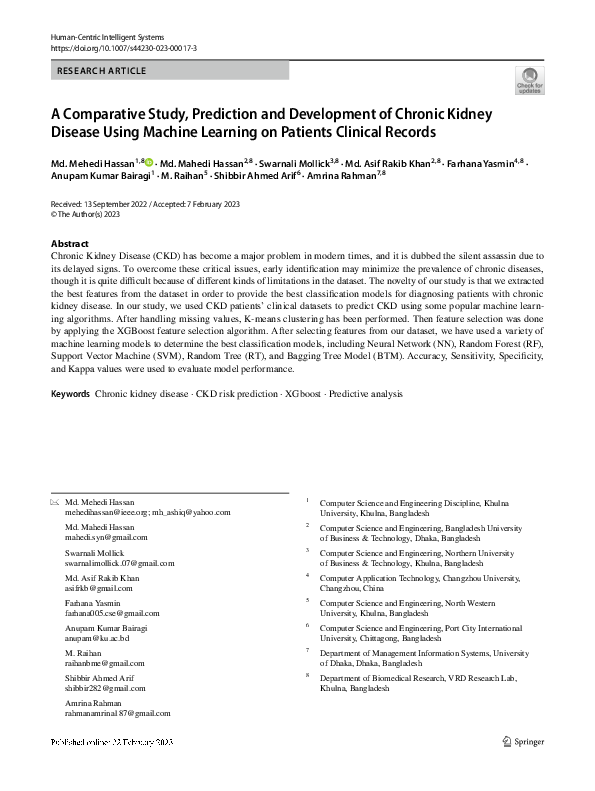 (PDF) A Comparative Study, Prediction and Development of Chronic Kidney ...