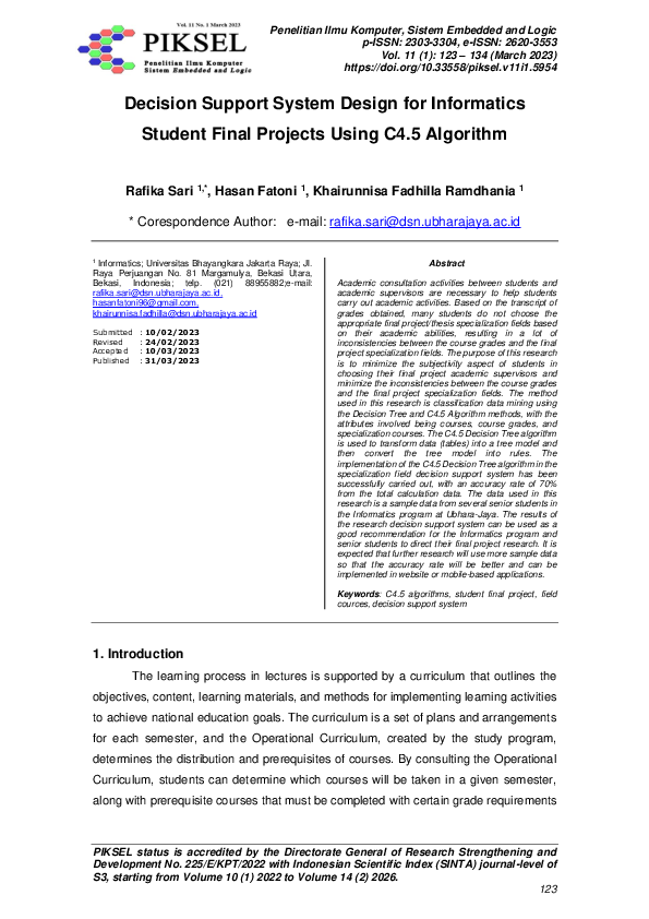 (PDF) Decision Support System Design for Informatics Student Final Projects Using C4.5 Algorithm