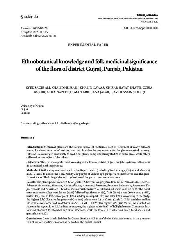 (PDF) Ethnobotanical knowledge and folk medicinal significance of the flora of district Gujrat ...