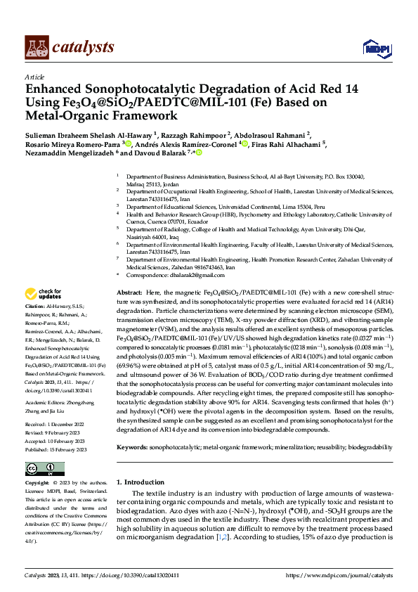(PDF) Enhanced Sonophotocatalytic Degradation of Acid Red 14 Using Fe3O4@SiO2/PAEDTC@MIL-101 (Fe ...