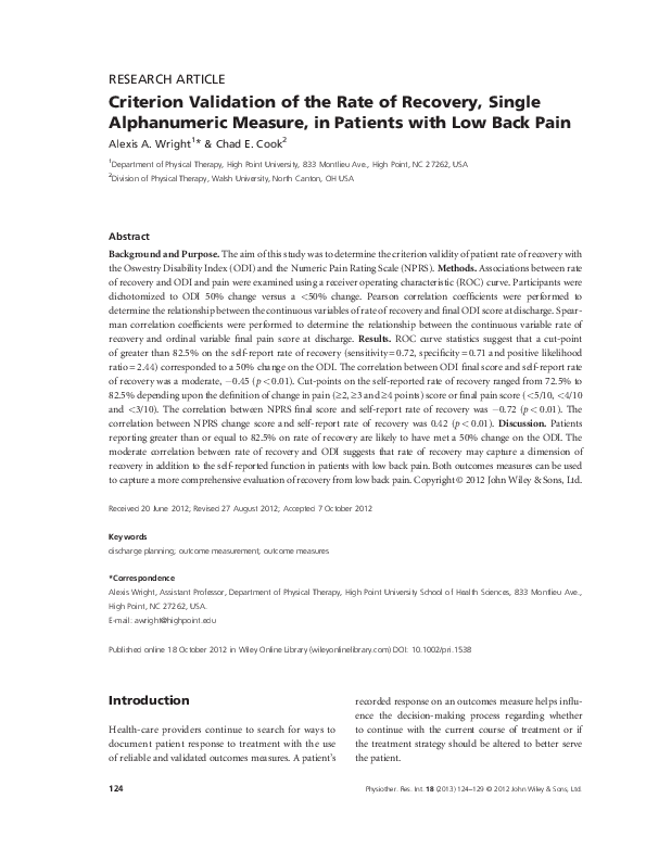 (PDF) Criterion Validation of the Rate of Recovery, Single Alphanumeric ...