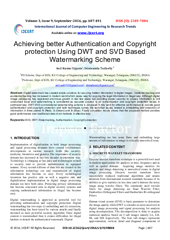 (PDF) Achieving better Authentication and Copyright Protection Using DWT and SVD Based ...