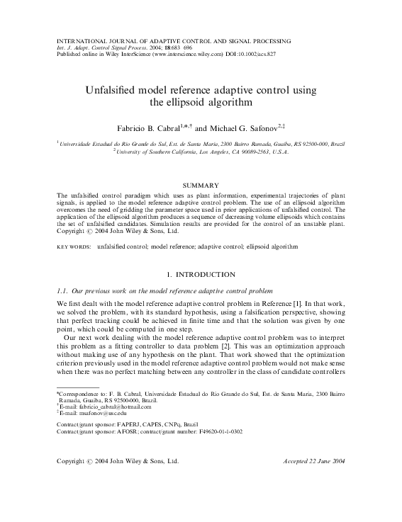 (PDF) Unfalsified model reference adaptive control using the ellipsoid algorithm | Fabricio ...