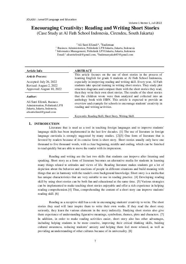 (PDF) Encouraging Creativity: Reading and Writing Short Stories