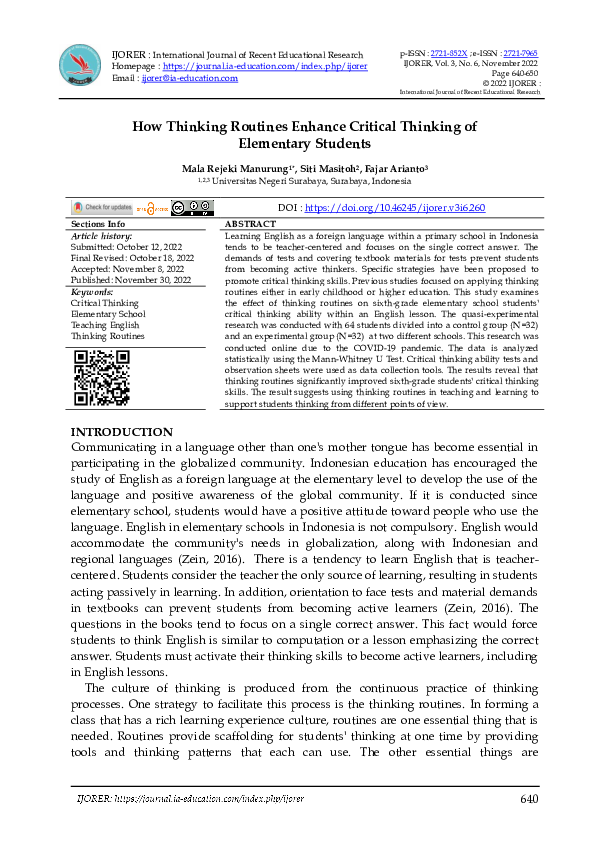 (PDF) How Thinking Routines Enhance Critical Thinking of Elementary ...