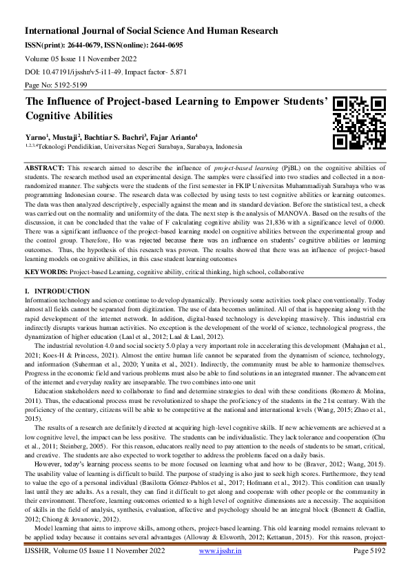 The Influence of Project-based Learning to Empower Students’ Cognitive Abilities
