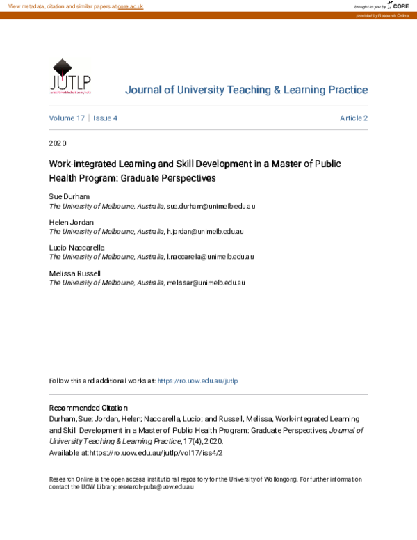 (PDF) Work-integrated Learning and Skill Development in a Master of ...