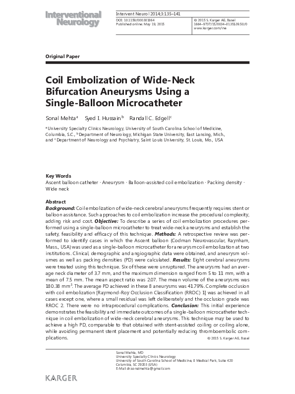 (PDF) Coil Embolization of Wide-Neck Bifurcation Aneurysms Using a ...