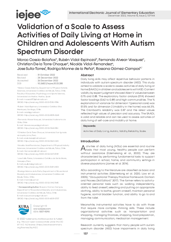 (PDF) Validation of a Scale to Assess Activities of Daily Living at ...