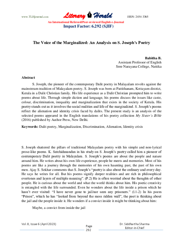 (PDF) The Voice of the Marginalized: An Analysis on S. Joseph's Poetry