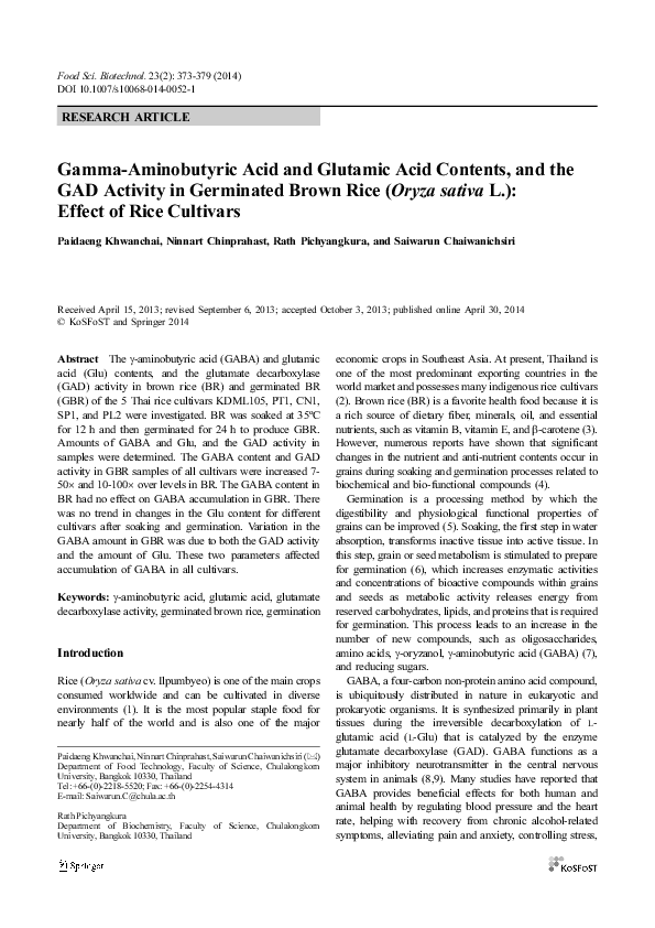(PDF) Gamma-aminobutyric acid and glutamic acid contents, and the GAD activity in germinated ...