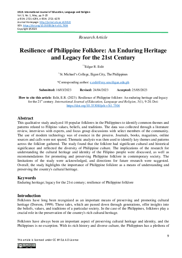 (PDF) Resilience of Philippine Folklore: An Enduring Heritage and ...