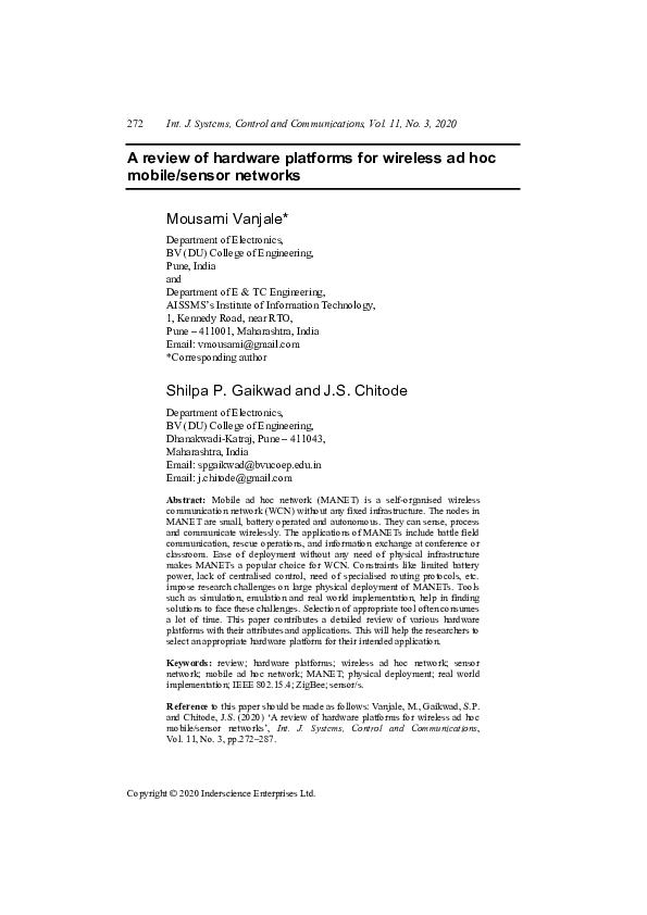 (PDF) A review of hardware platforms for wireless ad hoc mobile/sensor networks