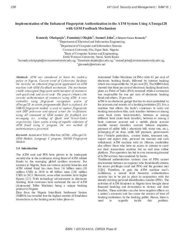 (PDF) Implementation of the Enhanced Fingerprint Authentication in the ATM System Using ...
