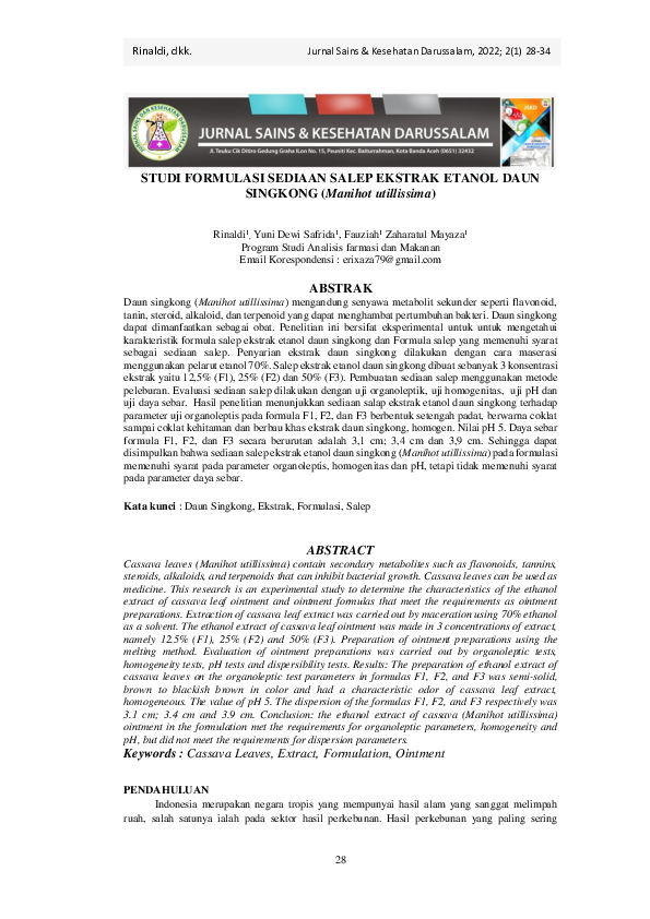 (PDF) STUDI FORMULASI SEDIAAN SALEP EKSTRAK ETANOL DAUN SINGKONG (Manihot utillissima)