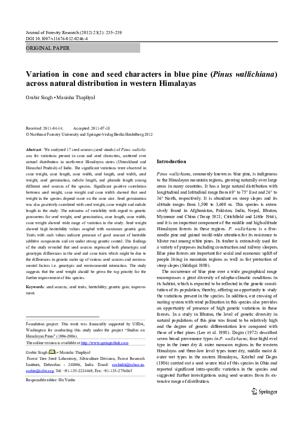 (PDF) Variation in cone and seed characters in blue pine (Pinus ...