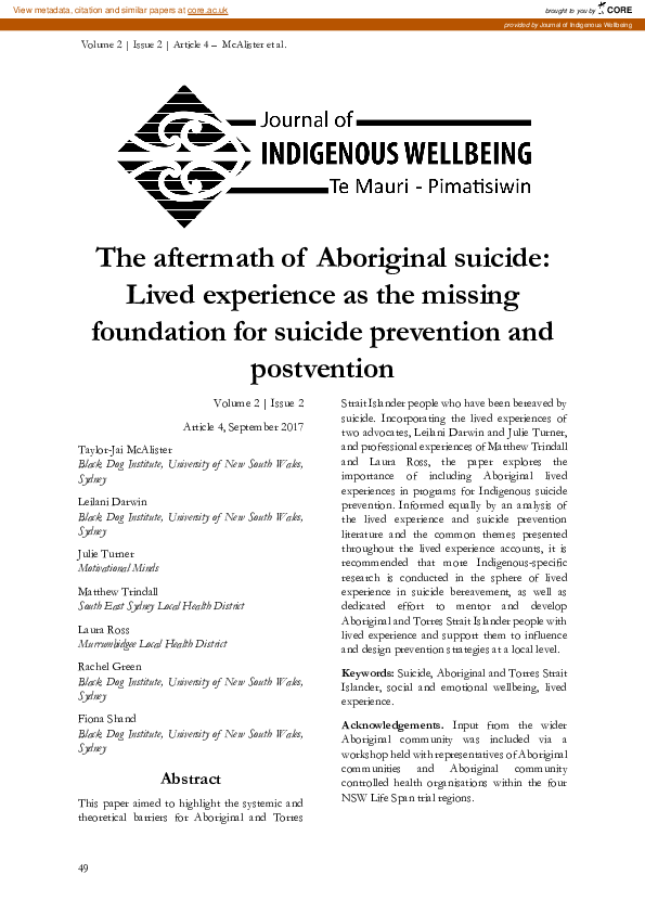 (PDF) The aftermath of Aboriginal suicide: Lived experience as the missing foundation for ...