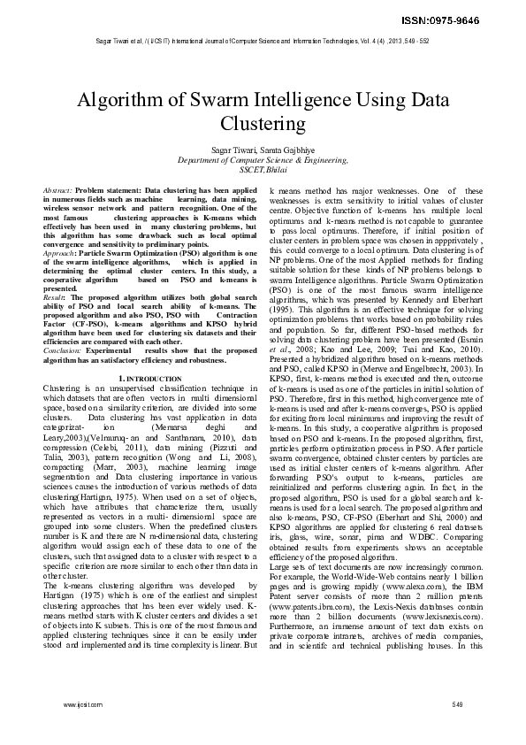(PDF) Algorithm of Swarm Intelligence Using Data Clustering