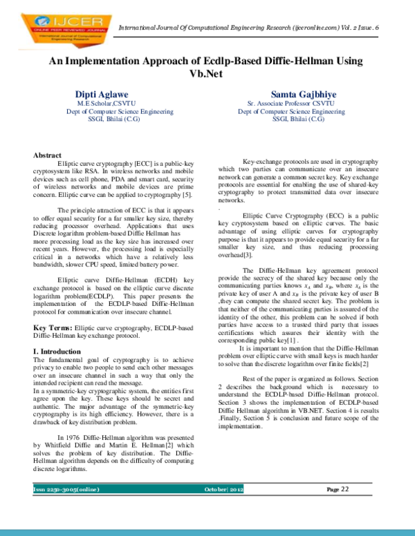 (PDF) An Implementation Approach of Ecdlp-Based Diffie-Hellman Using Vb.Net