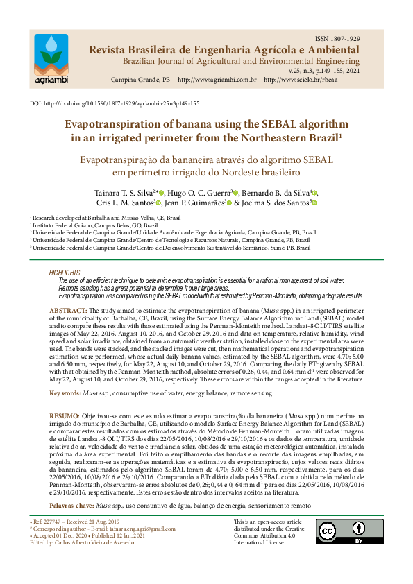 Pdf Evapotranspiration Of Banana Using The Sebal Algorithm In An Irrigated Perimeter From The