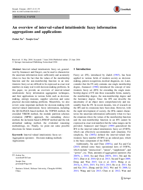 (PDF) An overview of interval-valued intuitionistic fuzzy information aggregations and applications